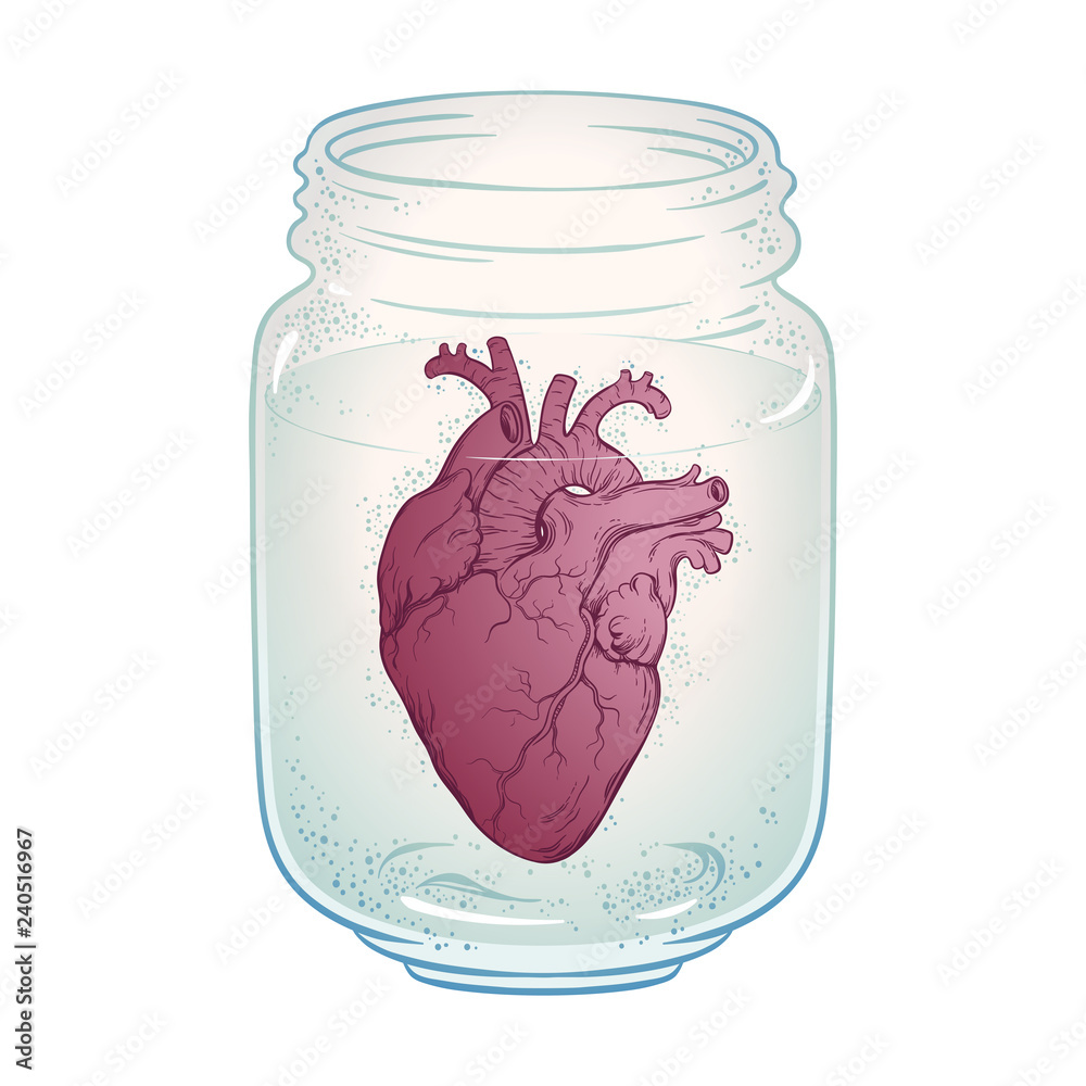 Human heart in glass jar isolated. Sticker, print or blackwork tattoo ...
