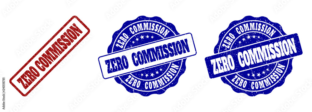 ZERO COMMISSION grunge stamp seals in red and blue colors. Vector ZERO ...
