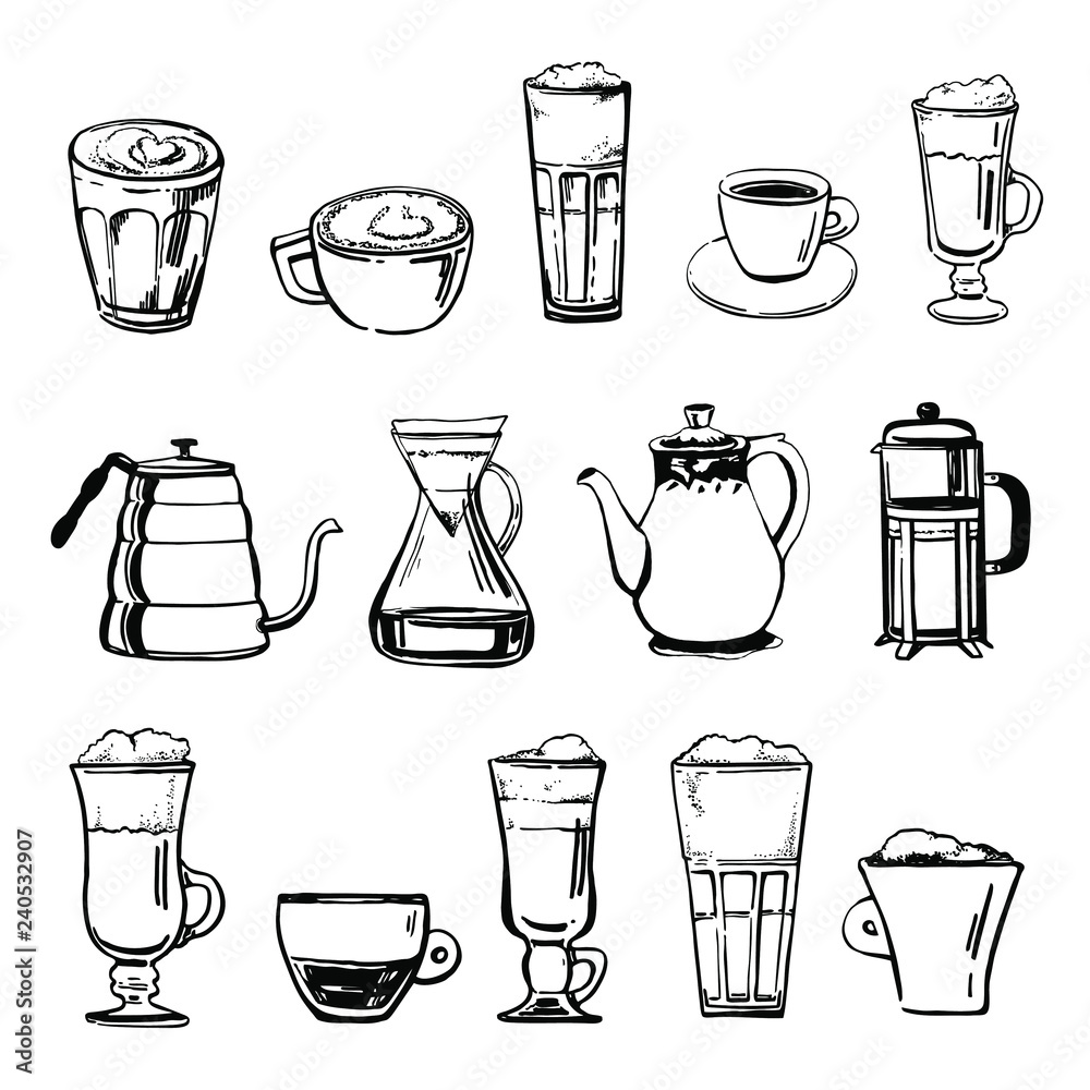 Coffee brewing pots and cups with different coffee drinks. Hand drawn ...