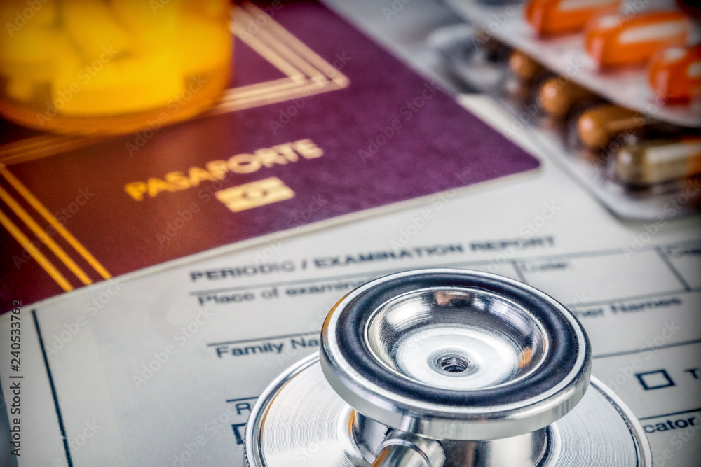 basic medicine elements to travel abroad, conceptual image Stock Photo ...