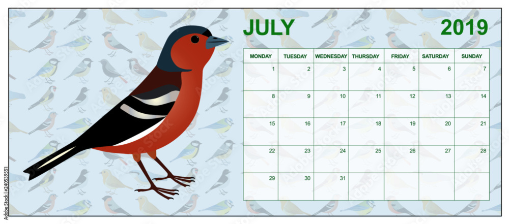 July 2019 calendar on english with an Common Chaffinch in the middle ...