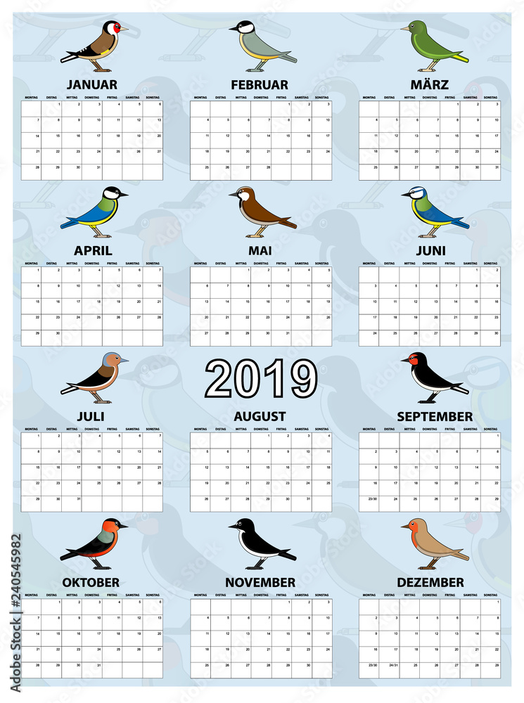 2019 german calendar with common european birds Stock Vector | Adobe Stock
