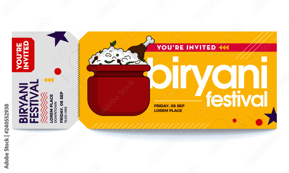 Biryani Vector Illustration. Biryani Party Vector Tickets Template. You ...