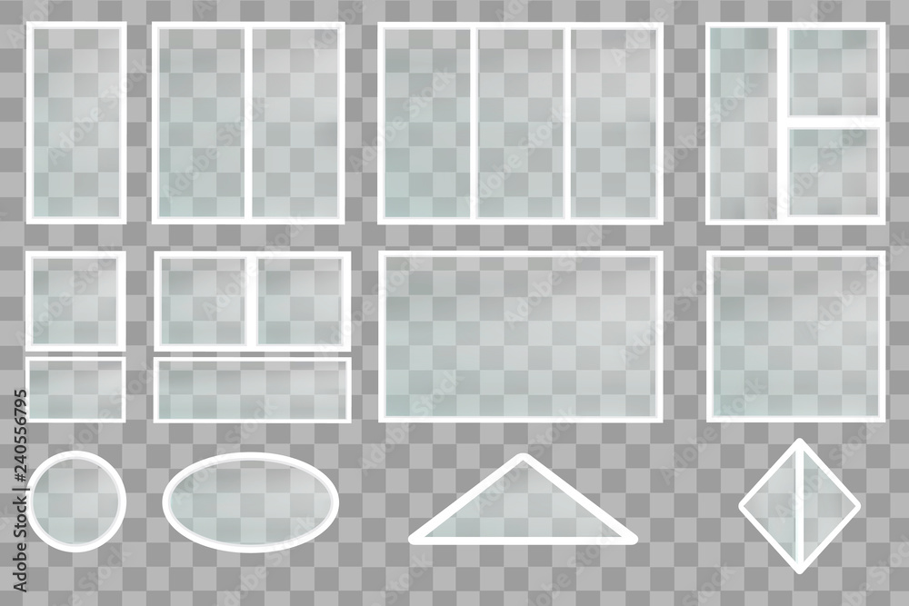 Set of realistic glass transparent plastic windows with window sills ...