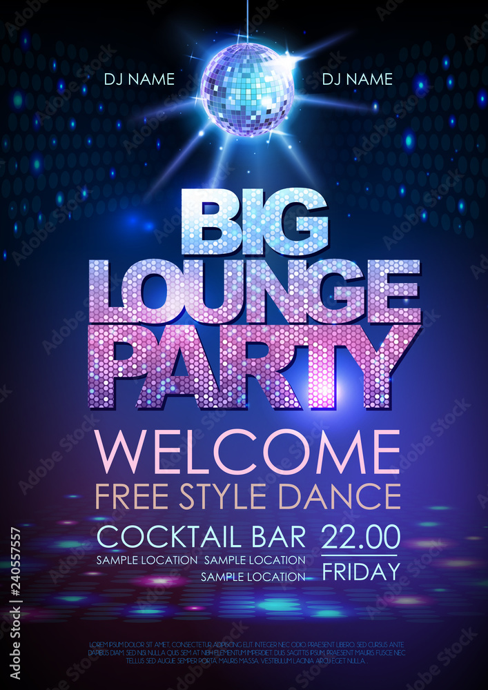 Disco ball background. Disco poster big lounge party. Neon Stock Vector ...