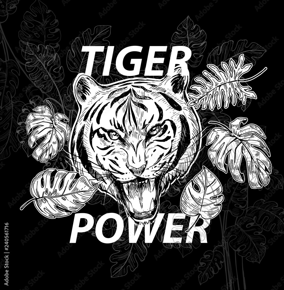 Sketch of angry tiger with tropical leaves. Hand drawn illustration ...