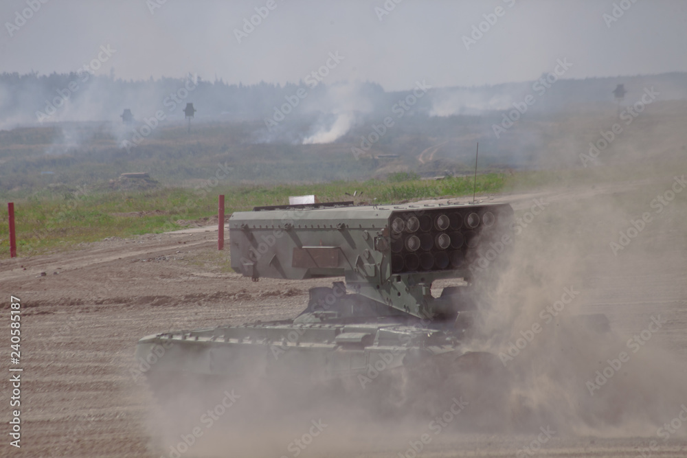 Tests of Russian military equipment, smoke, dust.multiple rocket ...