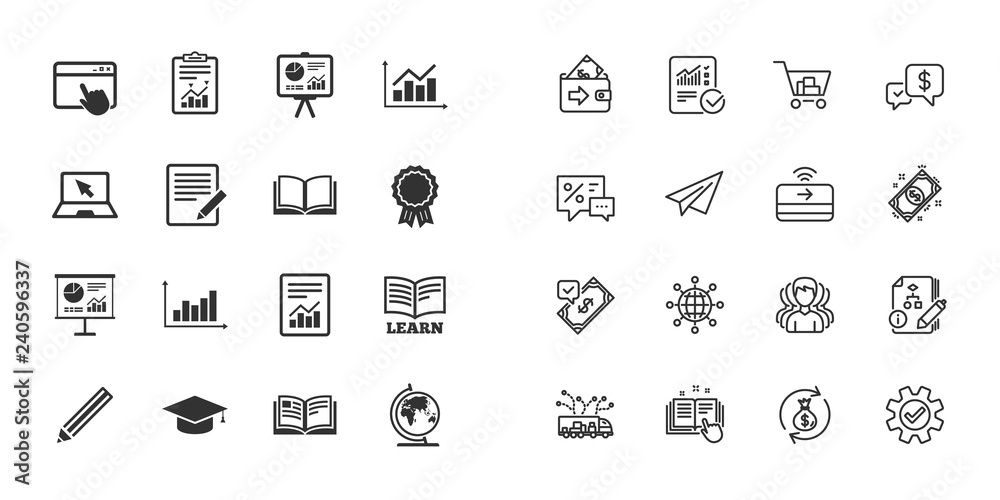 Set of Statistics, Education and Study icons. Presentation, Report and ...