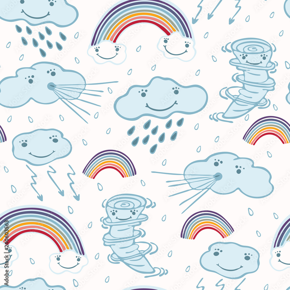 Cute vector cartoon weather clouds and rainbow . Seamless repeat ...