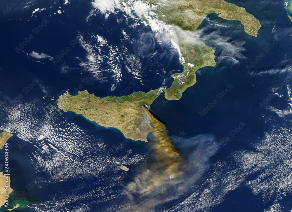 Satellite view of the volcano Mount Etna eruption in the island of ...