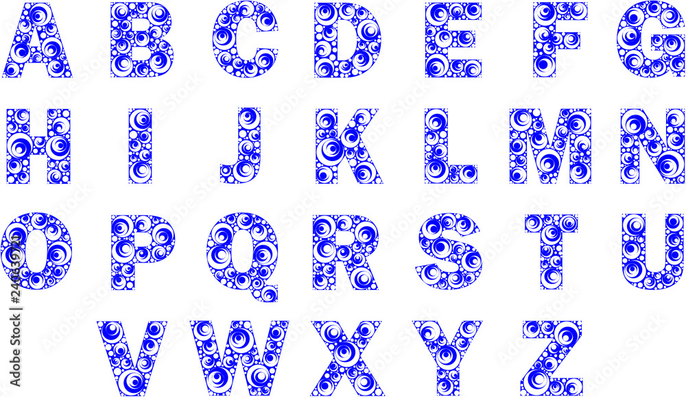 english alphabet. Capital letters with round ornaments of blue color ...