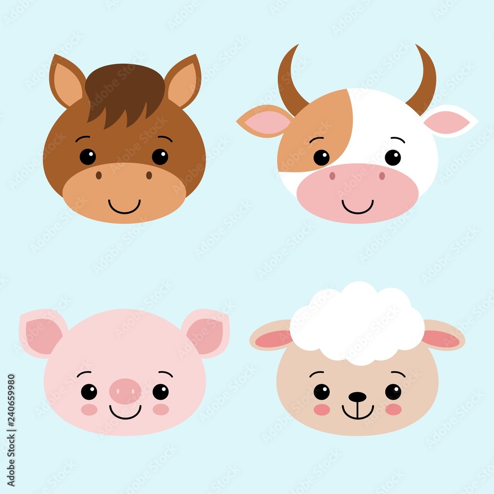 Cute Farm Animals Collection Set with Cow Horse Sheep Pig Cartoon ...