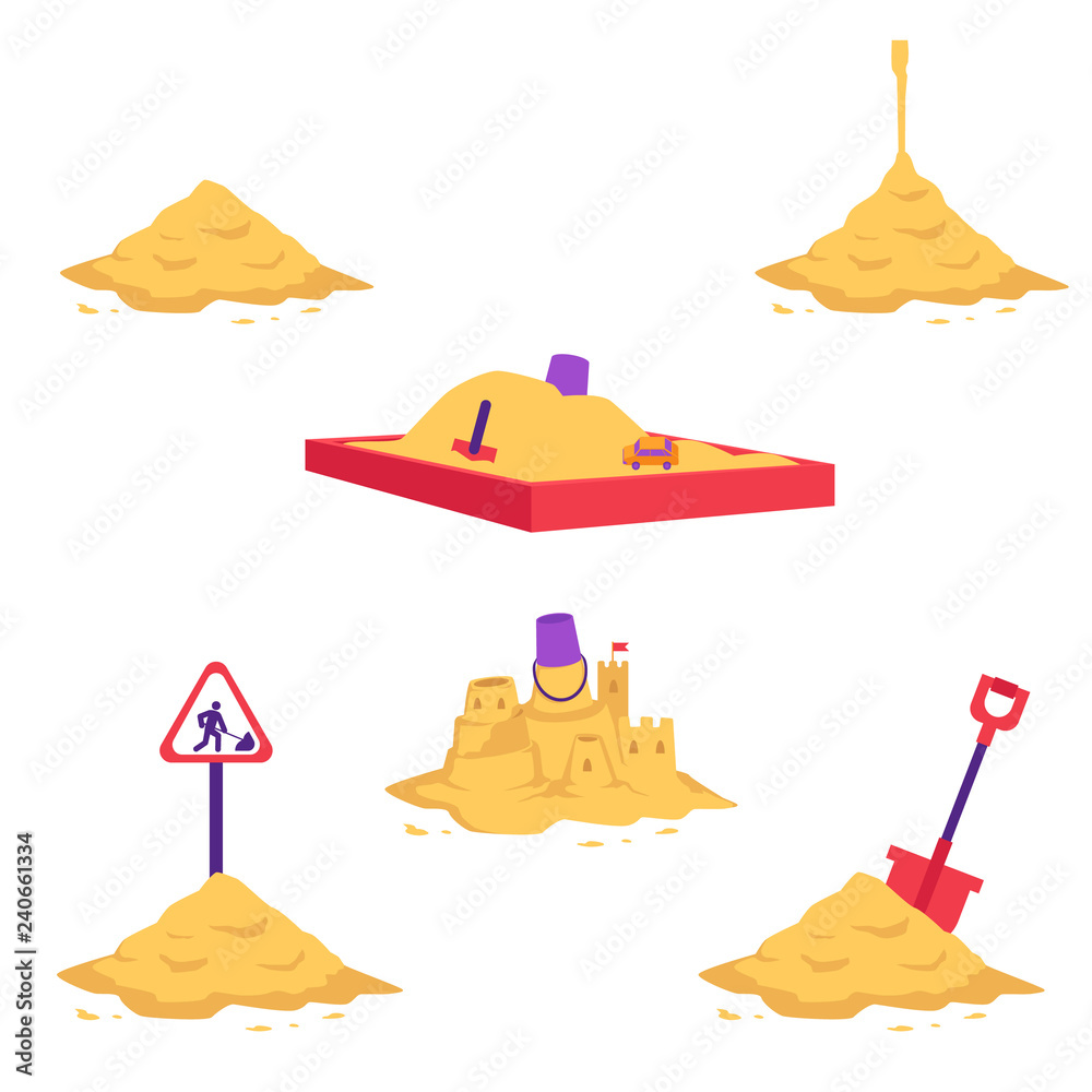 Sand heap vector illustration set - various piles of yellow dry powder ...