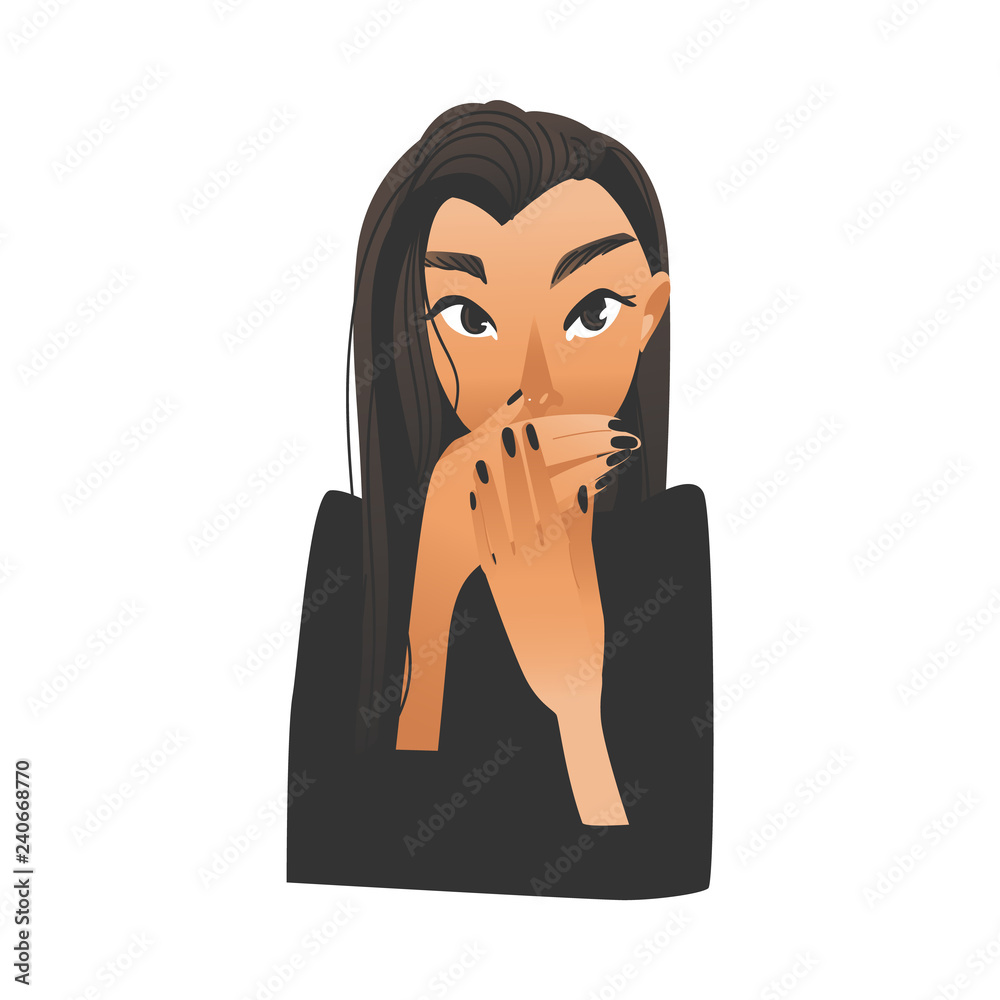 Scared young woman covering mouth with hands and keeping silence ...