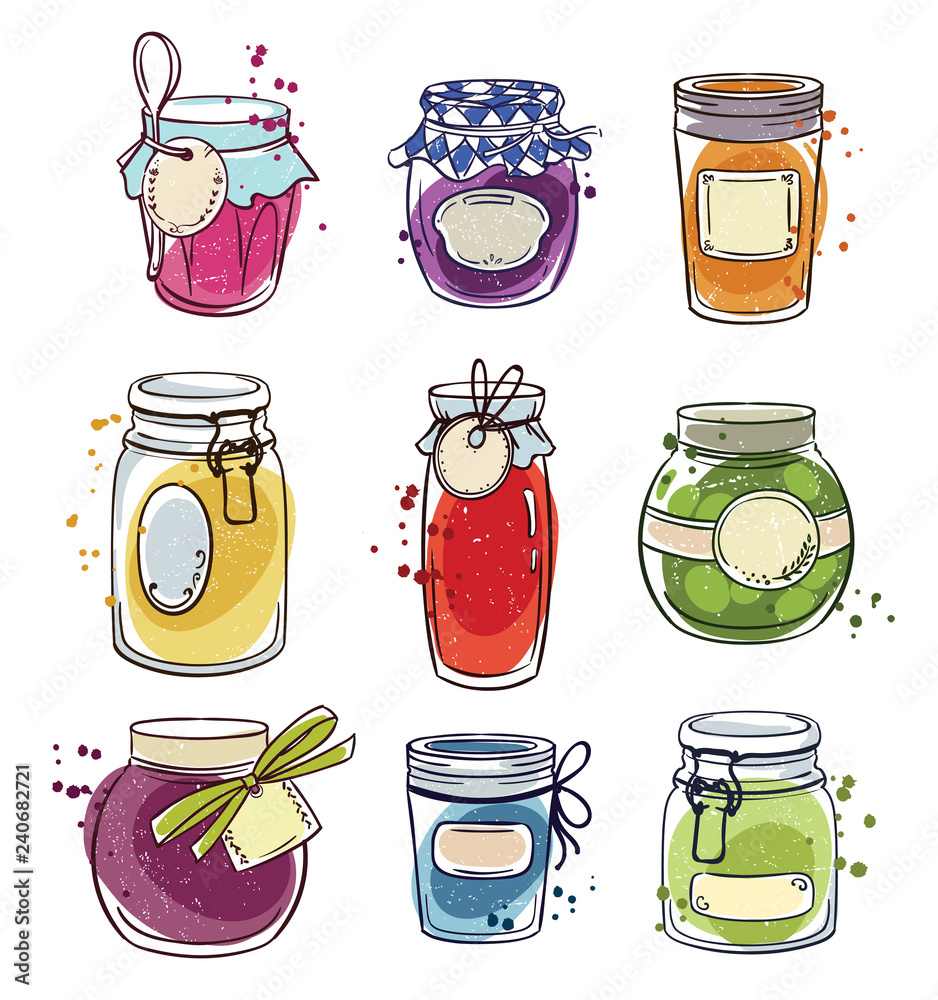 Set od hand drawn mason jars with jam, vector illustration Stock Vector ...