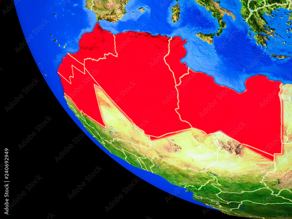 Maghreb region on realistic model of planet Earth with country borders ...