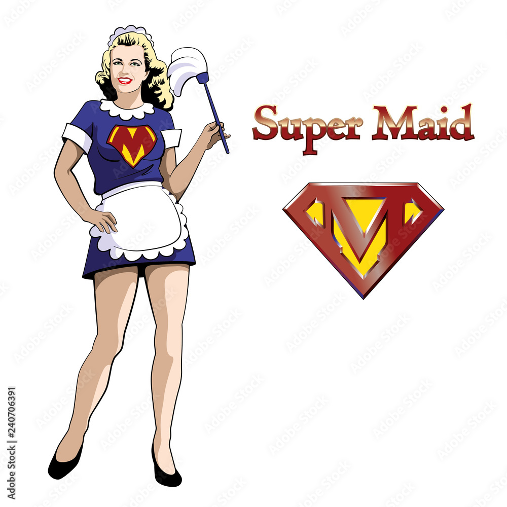 Super Maid. Young beautiful maid in uniform with a duster. Logo. Vector ...