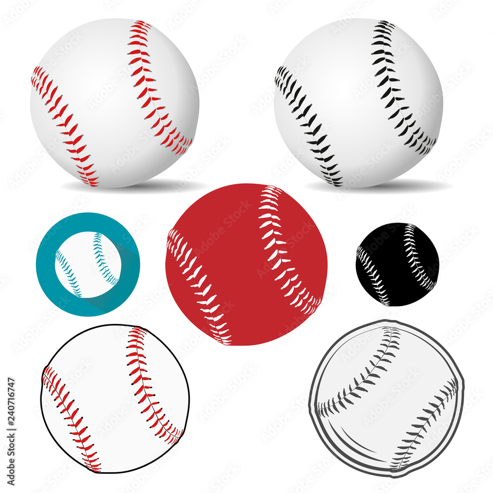Baseball ball realistic, logo, icon in white leather with red black ...