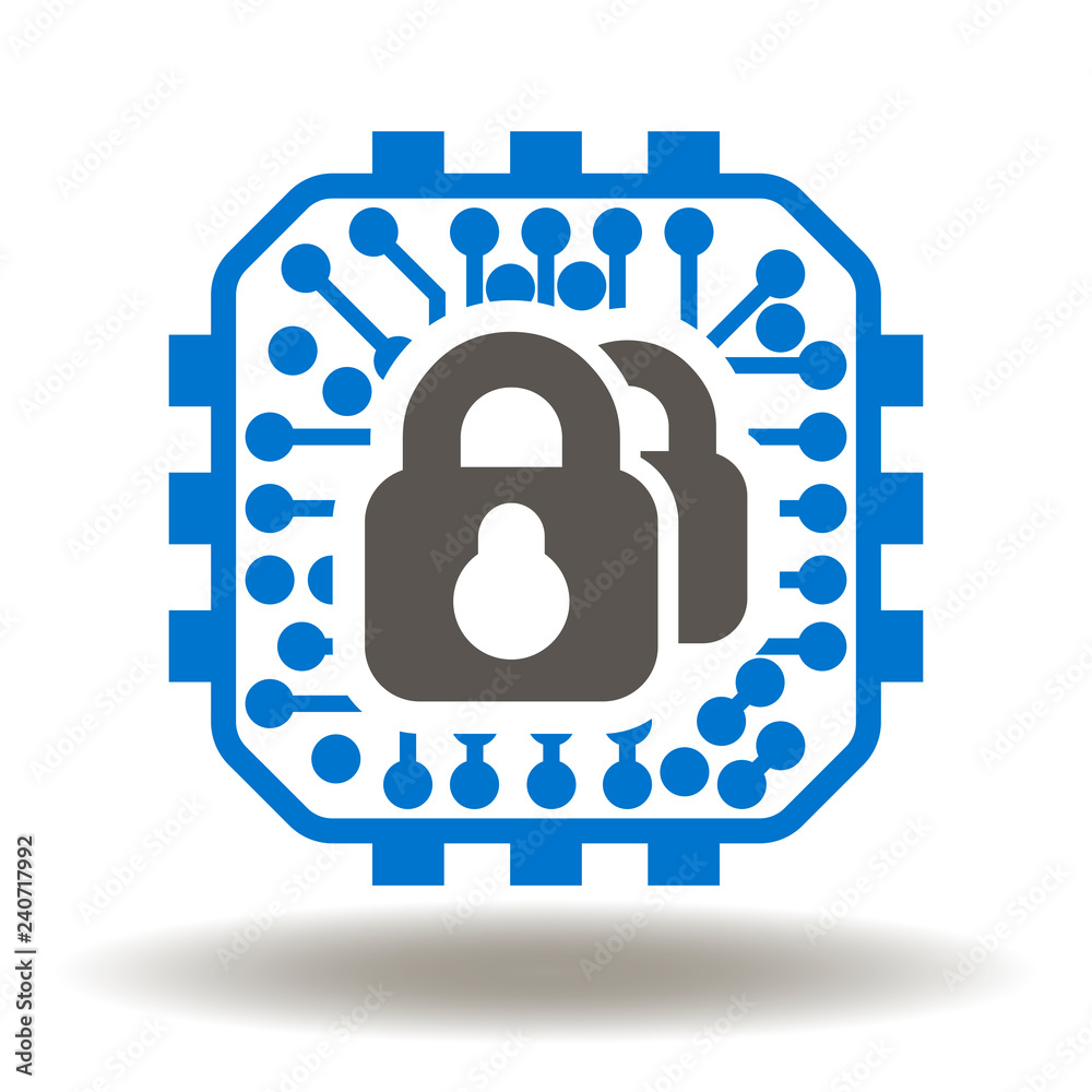 Micro chip padlock icon vector. Security circuit technology sign. Microchip lock symbol ...