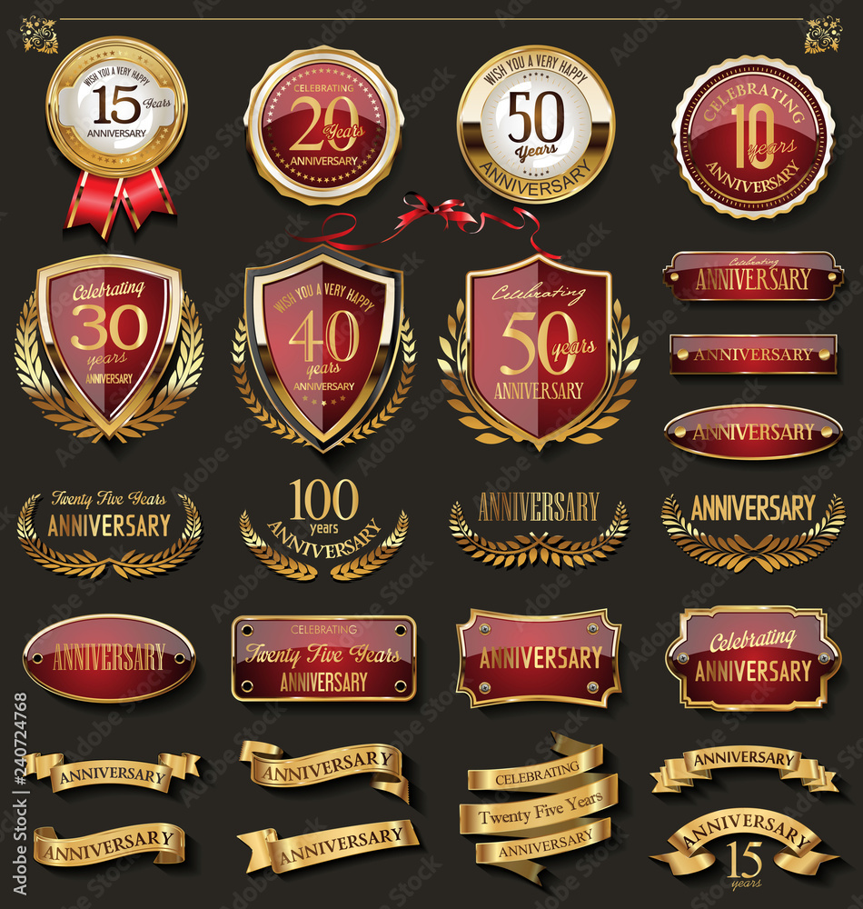 Collection of elegant red and gold anniversary badges and labels design ...