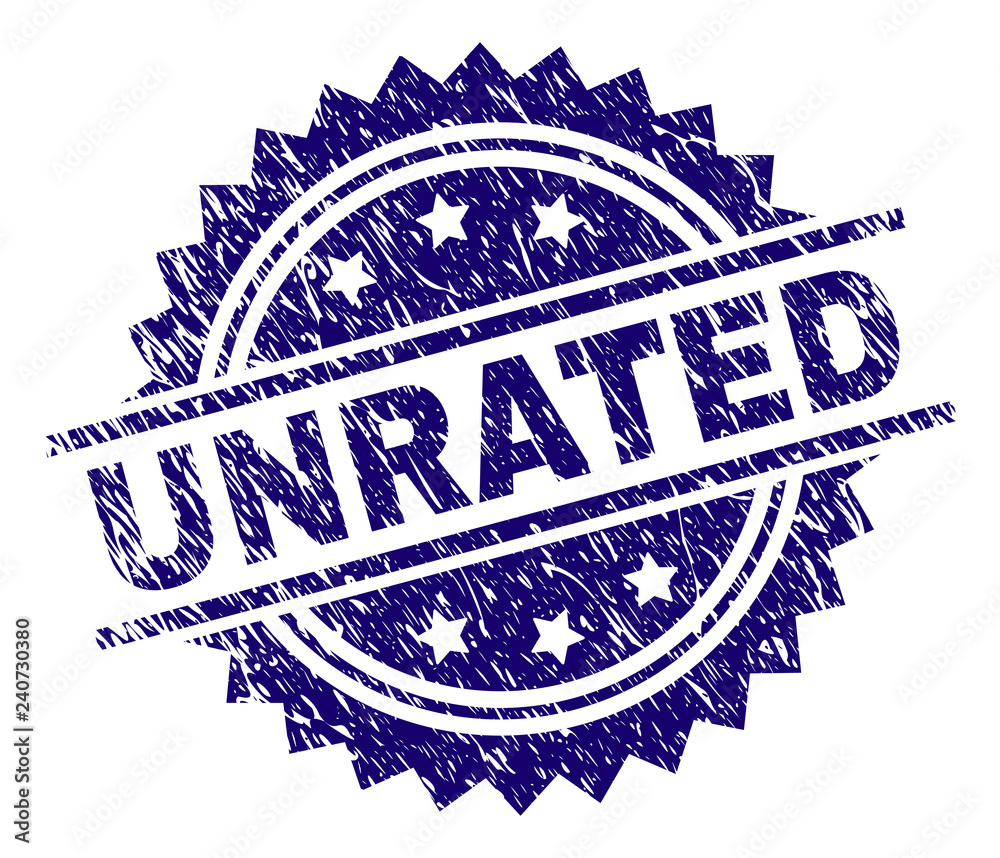 UNRATED stamp seal watermark with distress style. Blue vector rubber ...