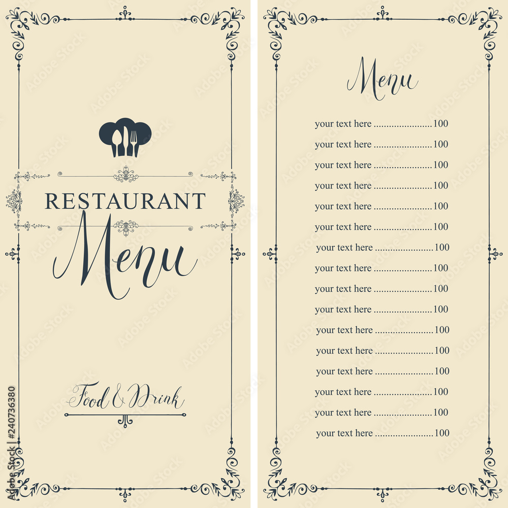 Vector template restaurant menu with price list, chef hat, cutlery ...