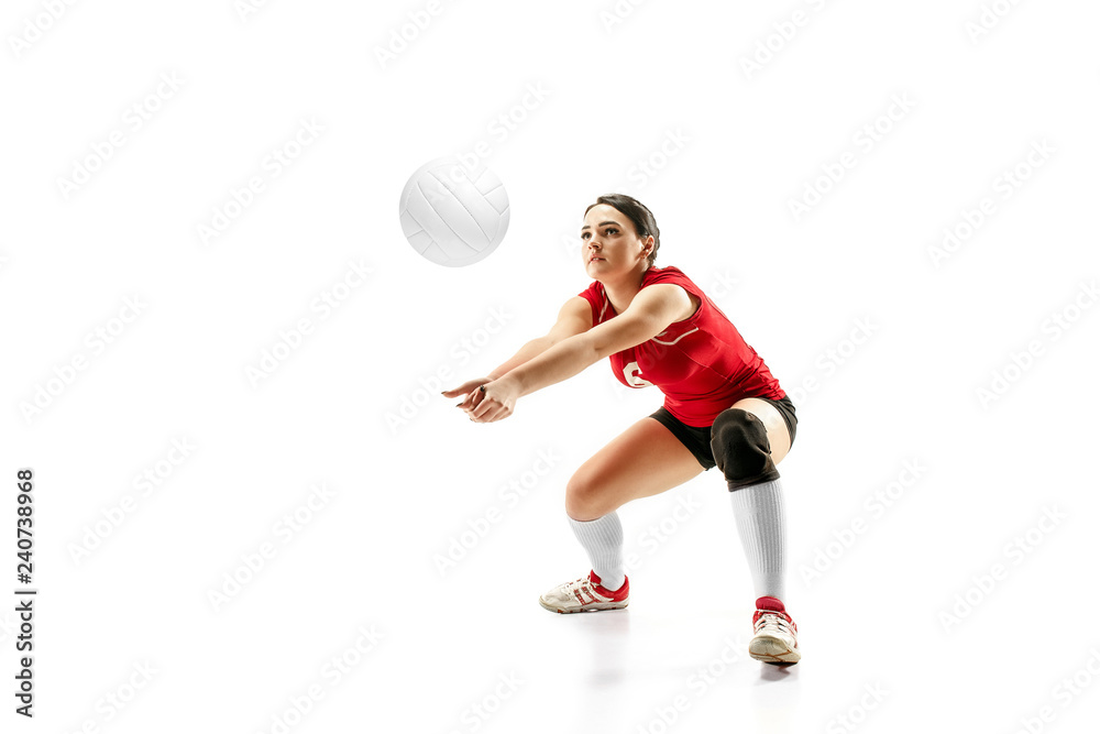 Female professional volleyball player isolated on white with ball. The ...