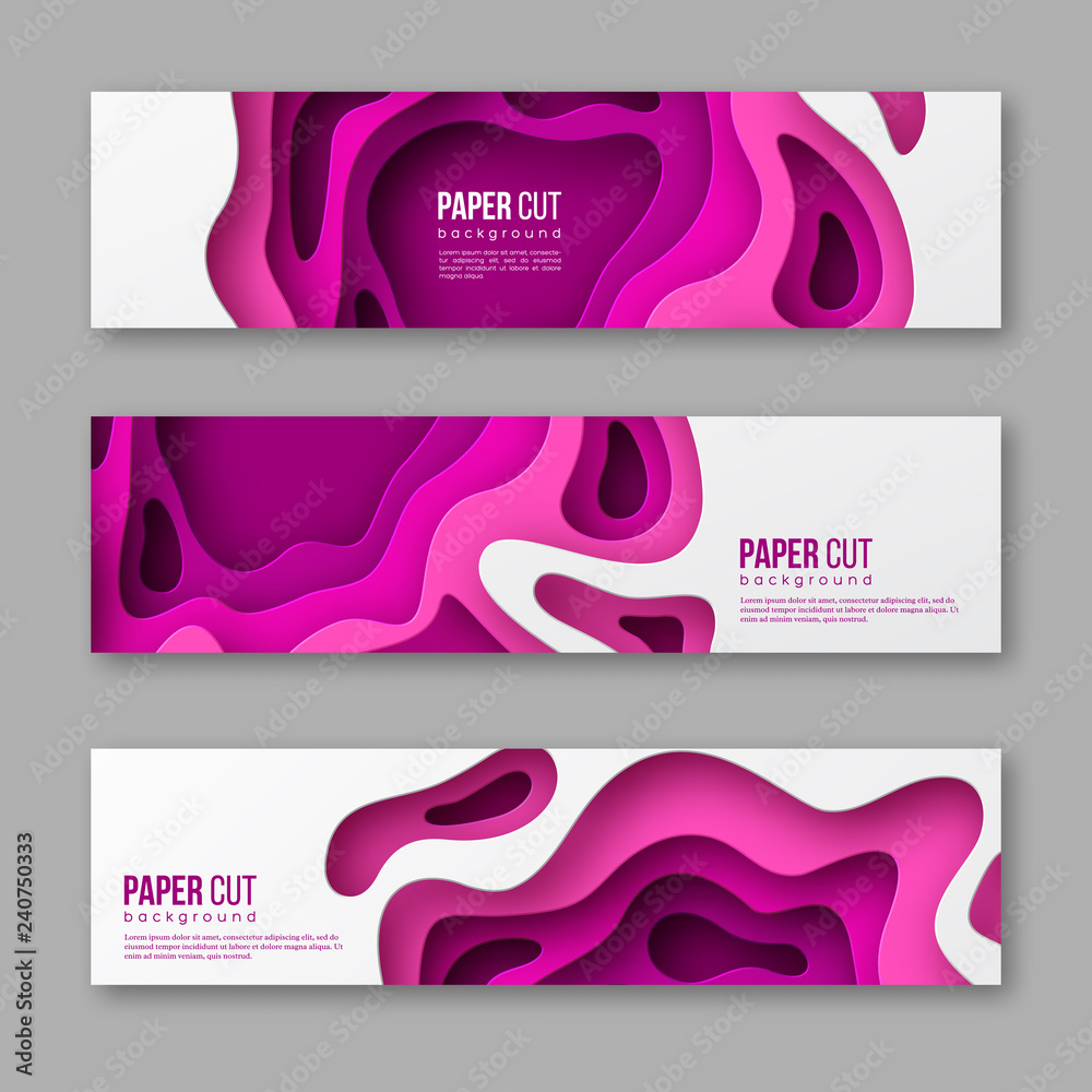 3d paper cut style horizontal banners or stickers. Shapes with shadow ...