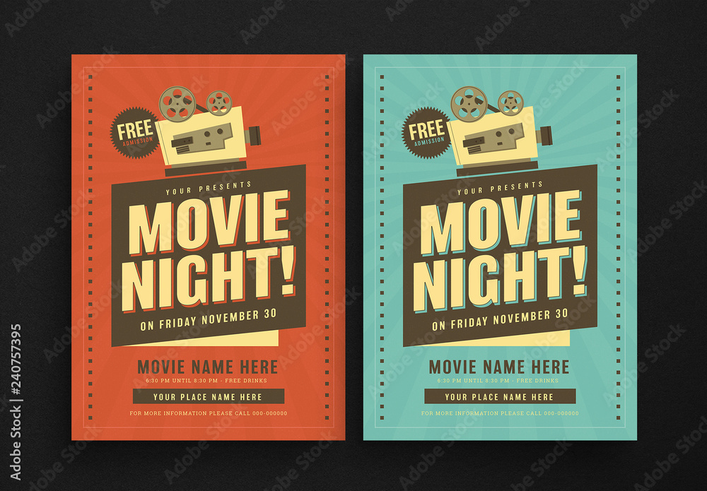 Retro Movie Night Flyer Layout Stock Template | Adobe Stock