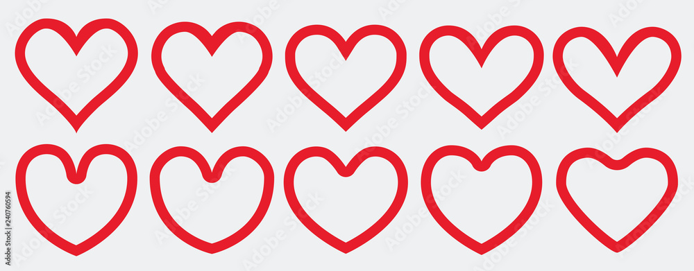 Various types and shapes of the classic love heart symbol in red line ...