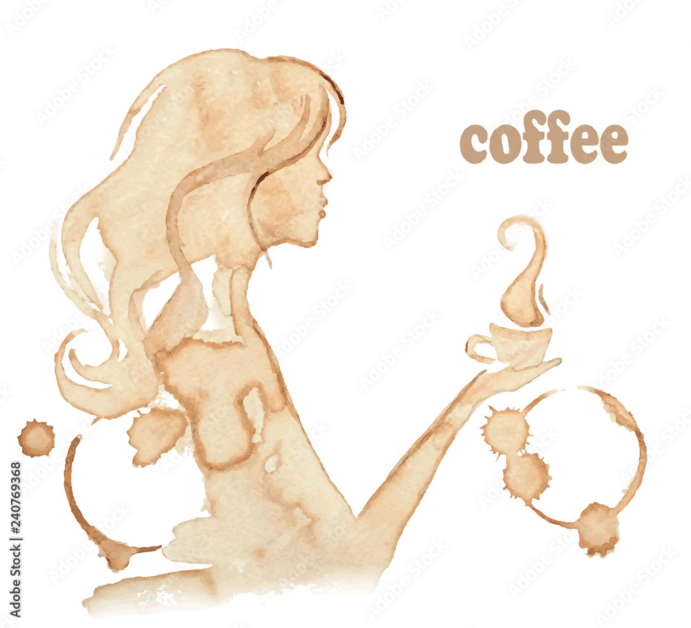 girl drinks coffee, drawing with coffee stains Stock Vector | Adobe Stock