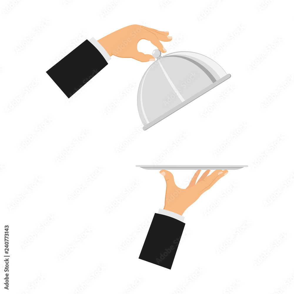 Hand with tray. Hands of the waiter with a tray. Concept service and ...