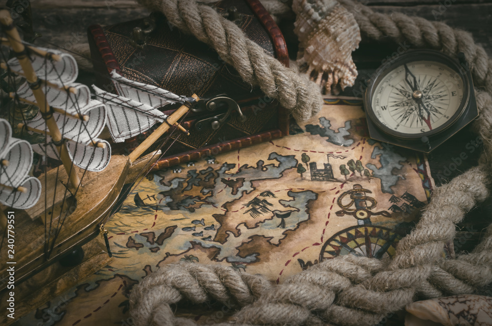 Pirate Ship And Map Wallpaper