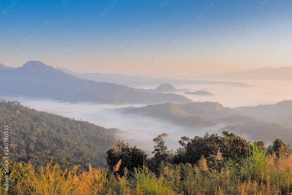 Mountain view morning of the hill around with the ocean of mist with ...