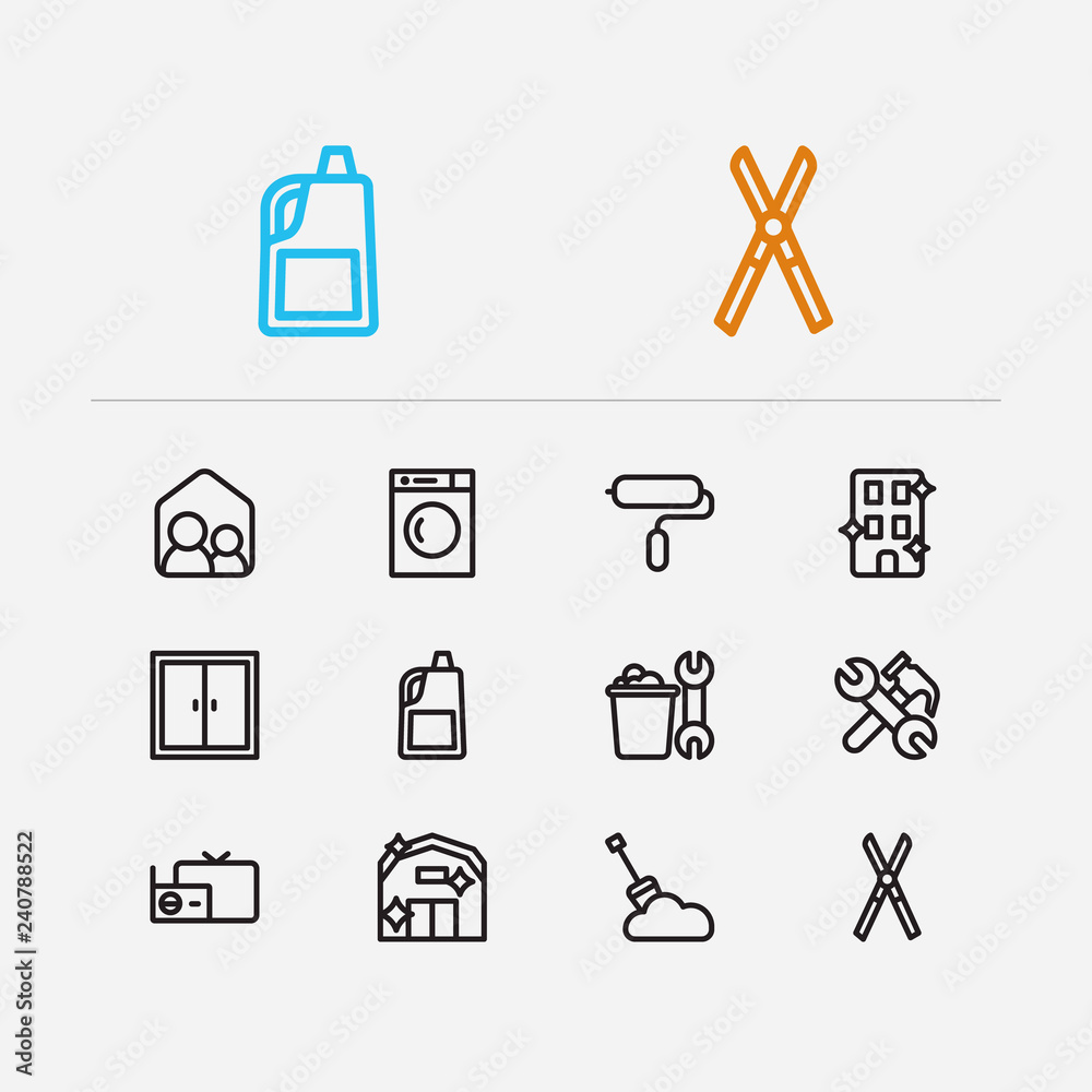 Housework icons set. Housekeeping tool and housework icons with snow ...