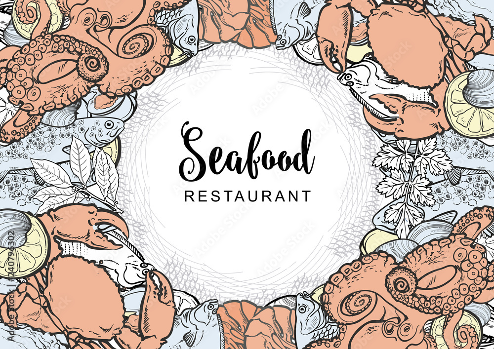 Vector seafood restaurant, cafe logo, advertising poster with square ...