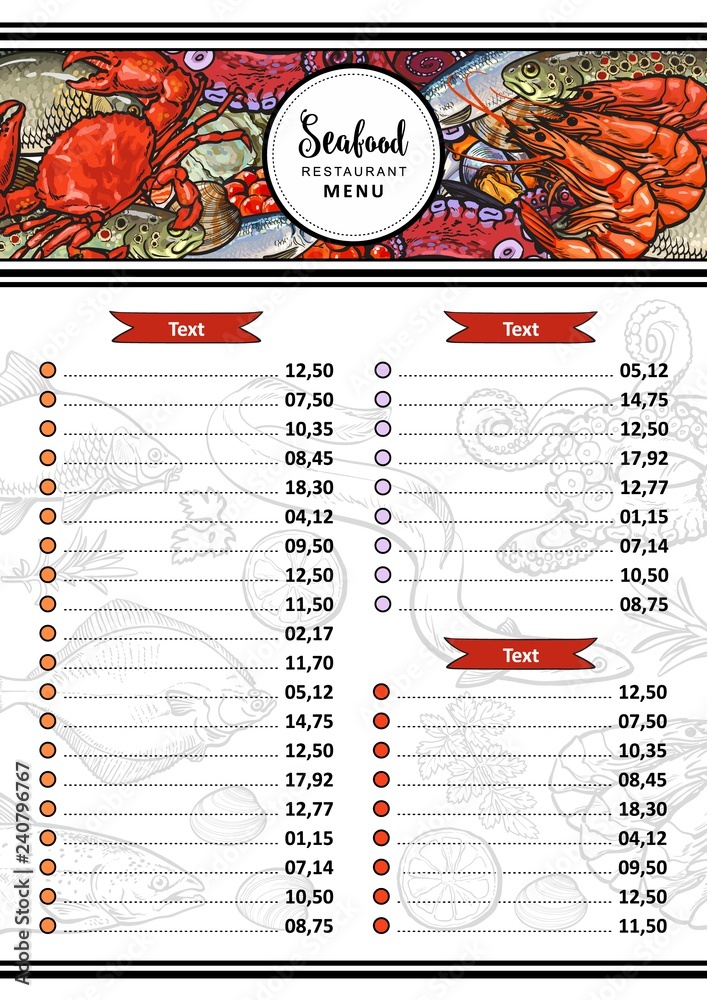 Vector seafood restaurant menu design template. cafe logo and list of ...