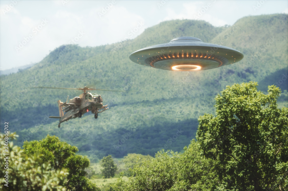 Worlds War. Military helicopter intercepting an unidentified flying ...