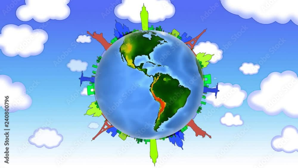 Cartoon Global Landmarks with Clouds 4K features a spinning globe with ...