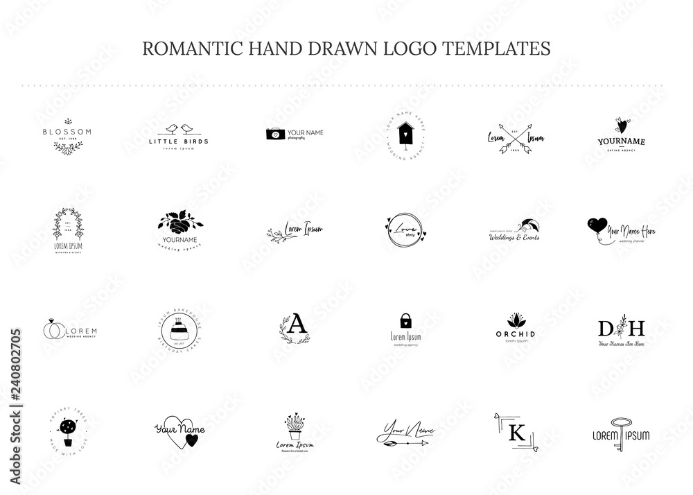 Romantic logo templates set. Vector hand drawn objects. Stock Vector ...