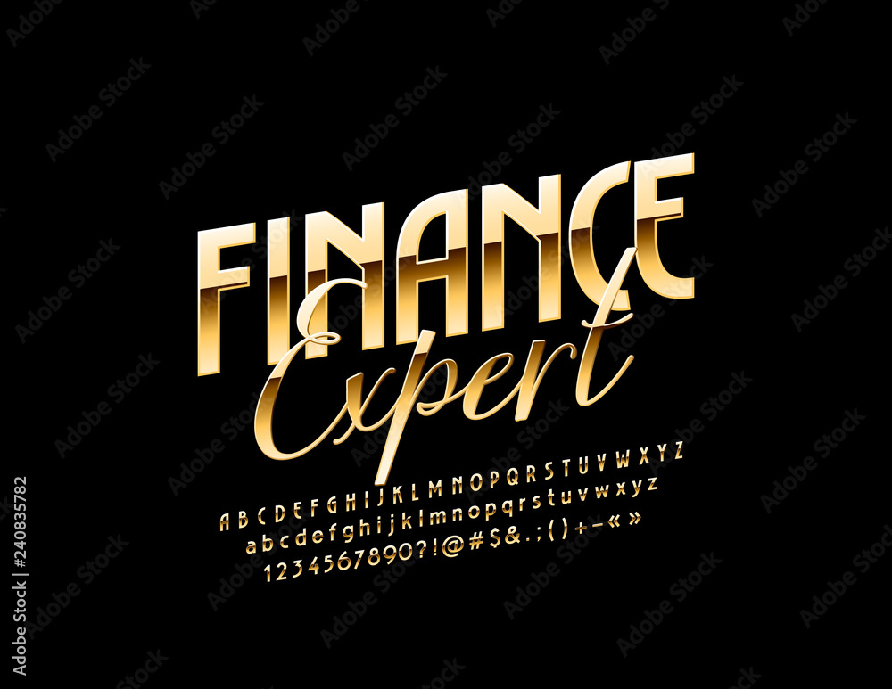Vector stylish Sign Finance Expert. Golden glossy Font. Elegant ...