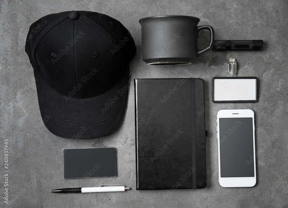 Set of items for branding on grunge background Stock Photo | Adobe Stock