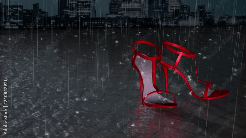 Red Heels Rain features a city landscape background with rain falling ...