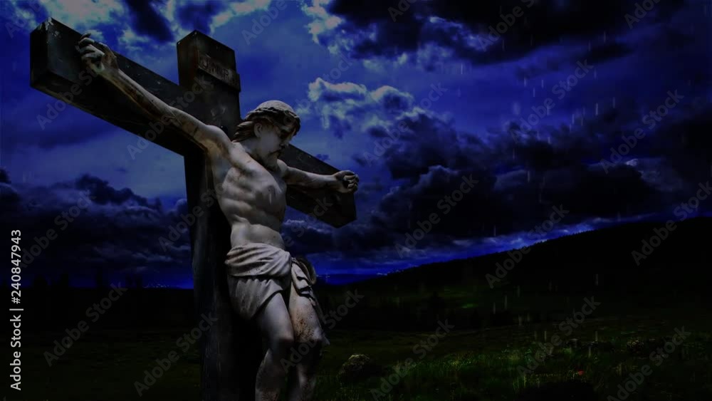 Heaven Weep features Jesus on the cross with roiling clouds, lightning ...