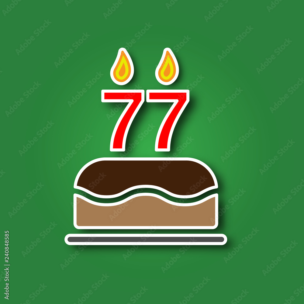 Birthday cake with a candle in the form of a number 77, in the form of ...
