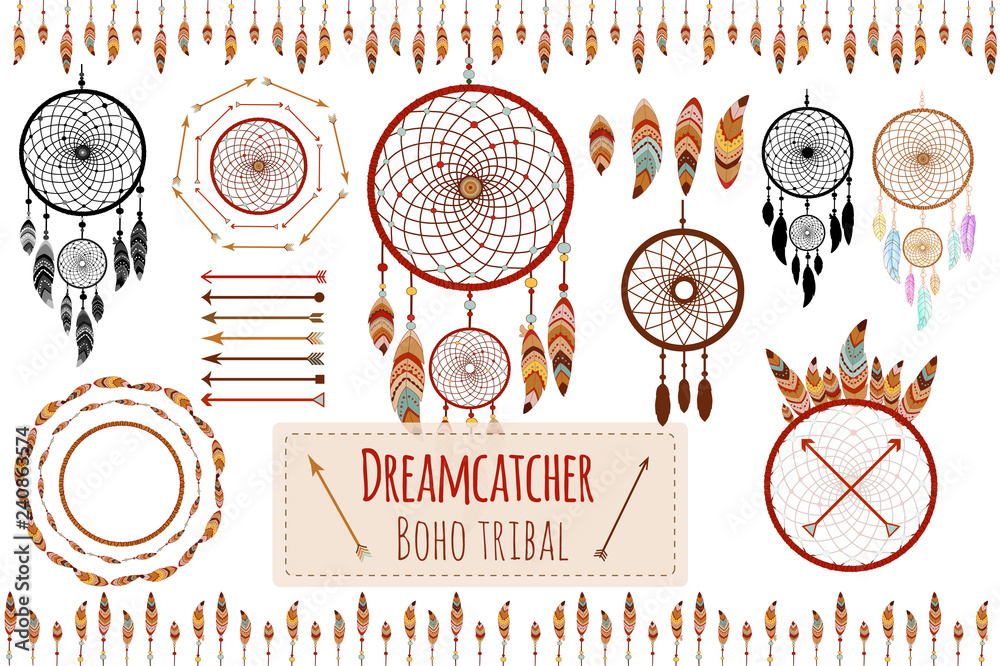 Hand drawn tribal collection with arrows, feathers, dreamcatcher Stock ...