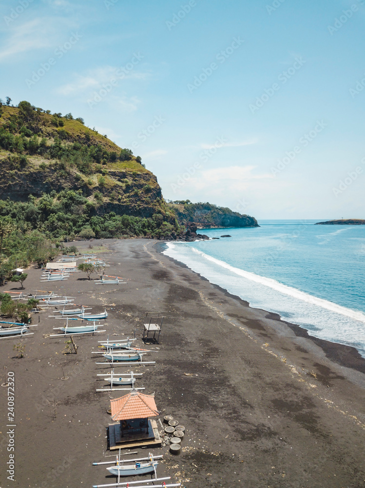 Indonesia, Bali, Karangasem, Aerial view of Bugbug beach, banca boats ...