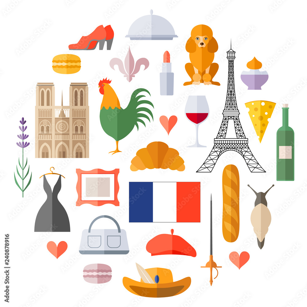 Traditional french symbol in flat style. Set of vector Icons on France ...