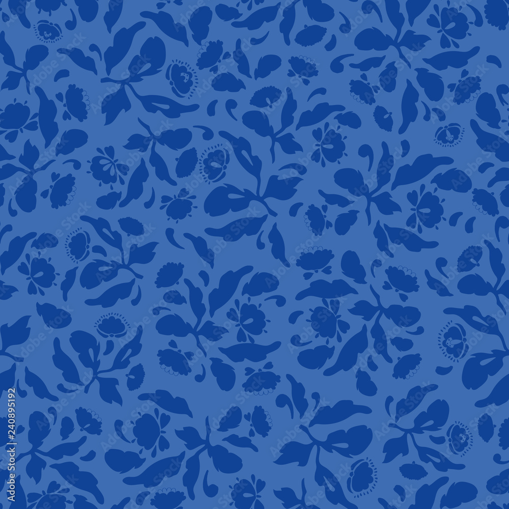 Royal blue folk art floral pattern with blossoms. Surface pattern ...