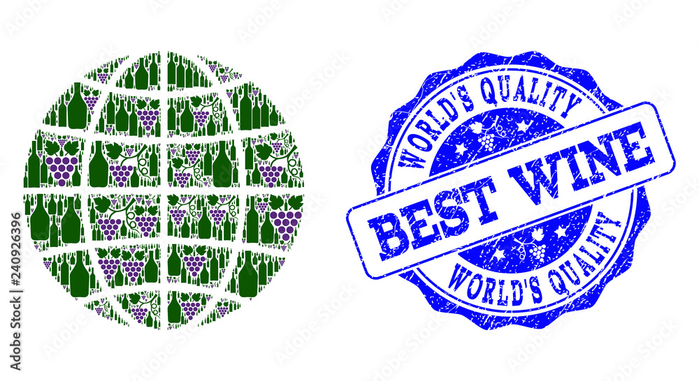Vector collage of grape wine map of global world and grunge seal stamp ...